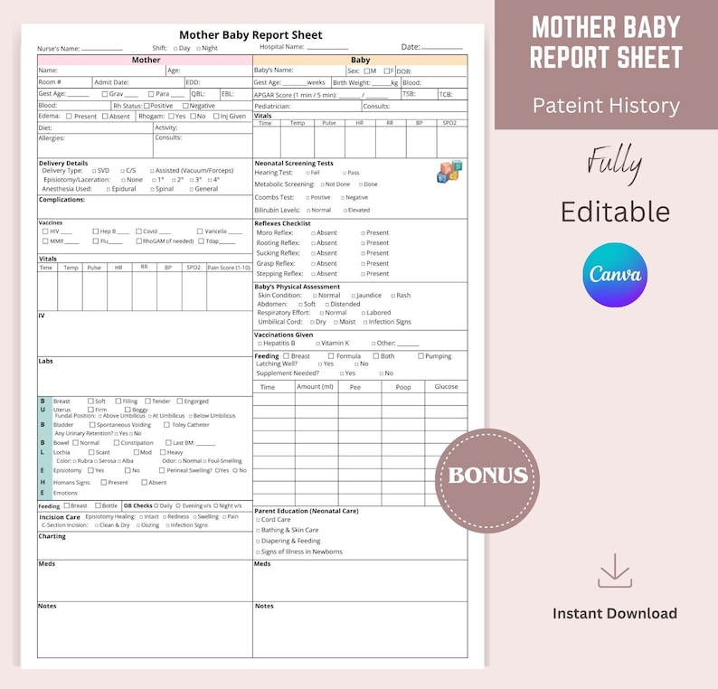 Editable Mother Baby Nurse Report Sheet Medsurg, Postpartum Nursing ...