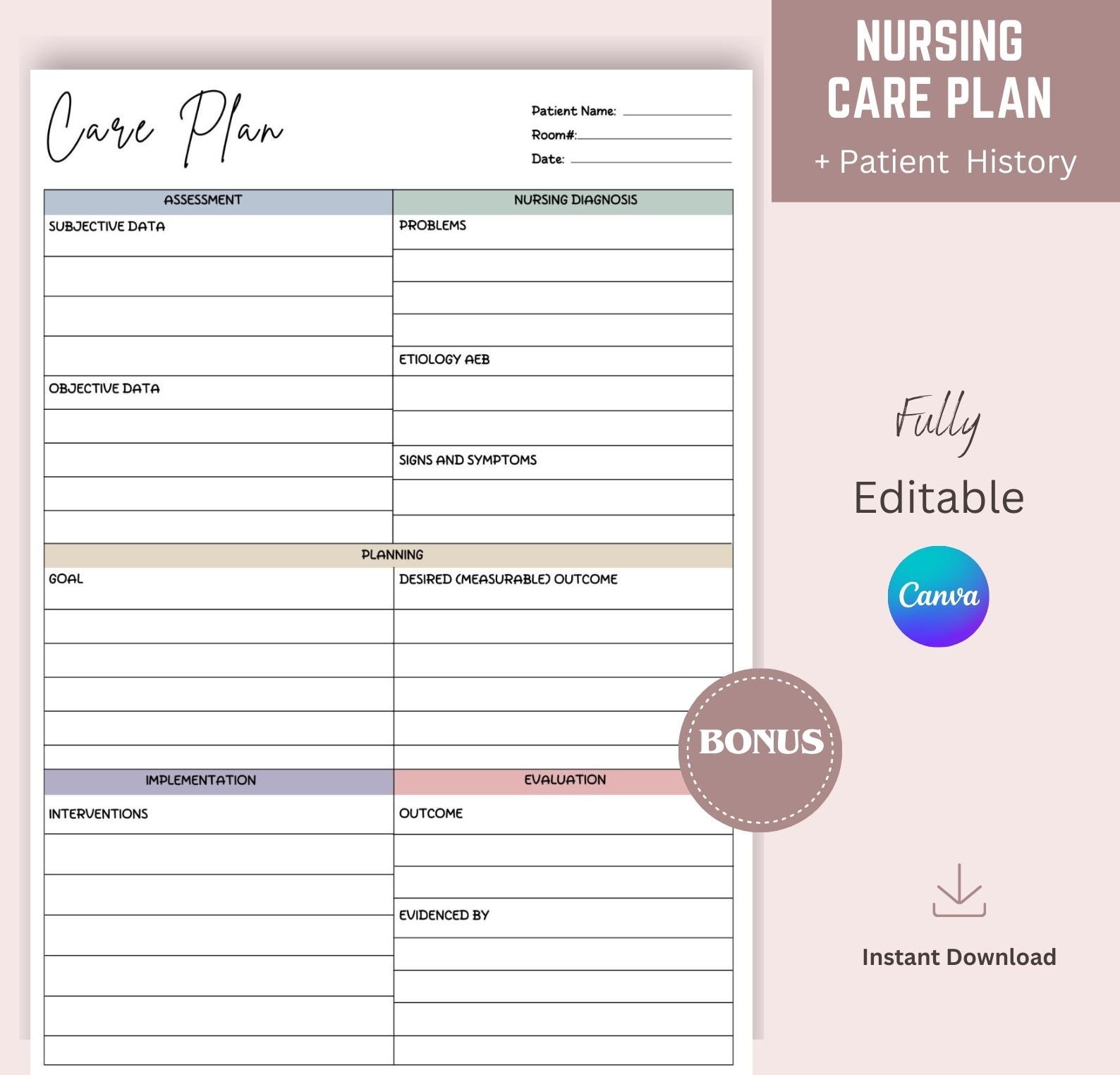 Care Plan Sheet, Nursing Care Plan, Editable Nursing Sheet, Nursing ...
