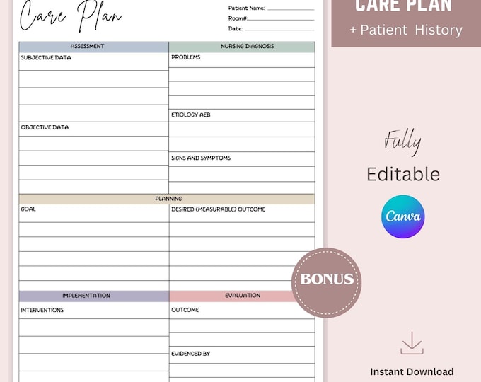 Care Plan Sheet, Nursing Care Plan, Editable Nursing Sheet, Nursing ...
