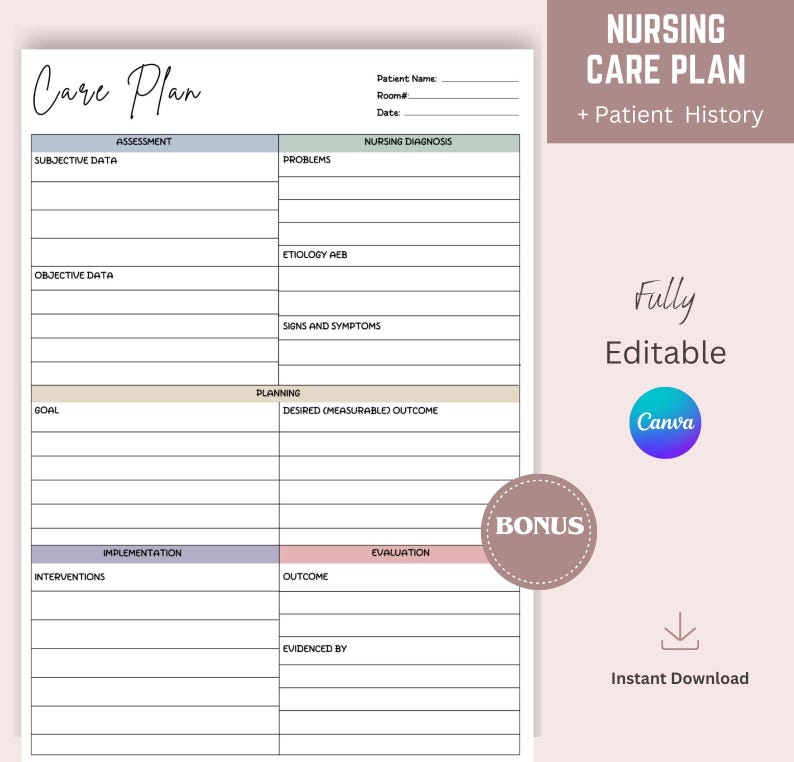 Care Plan Sheet, Nursing Care Plan, Editable Nursing Sheet, Nursing ...