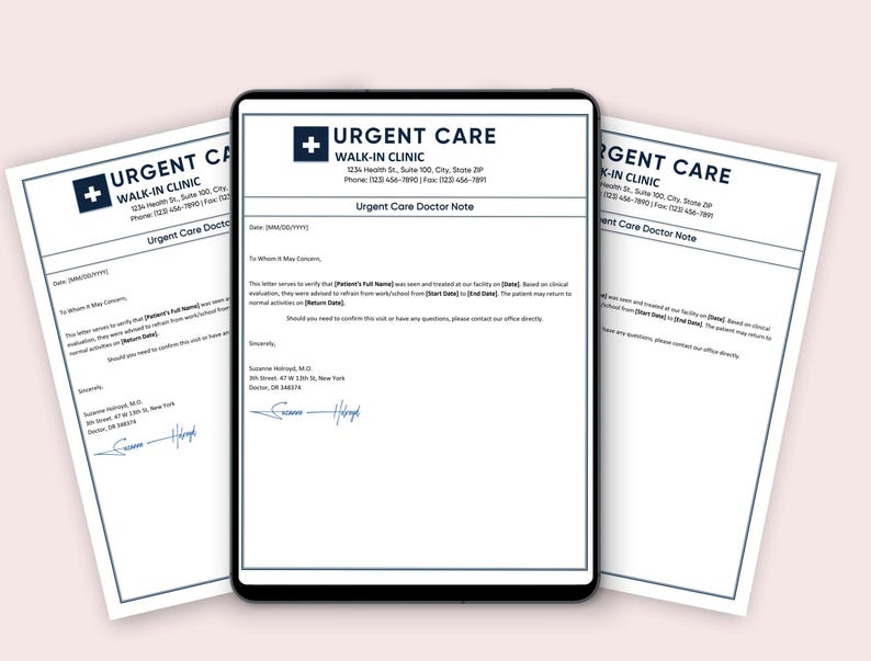 Urgent Care Excuse Note Template for Work or School | Doctor Note for ...