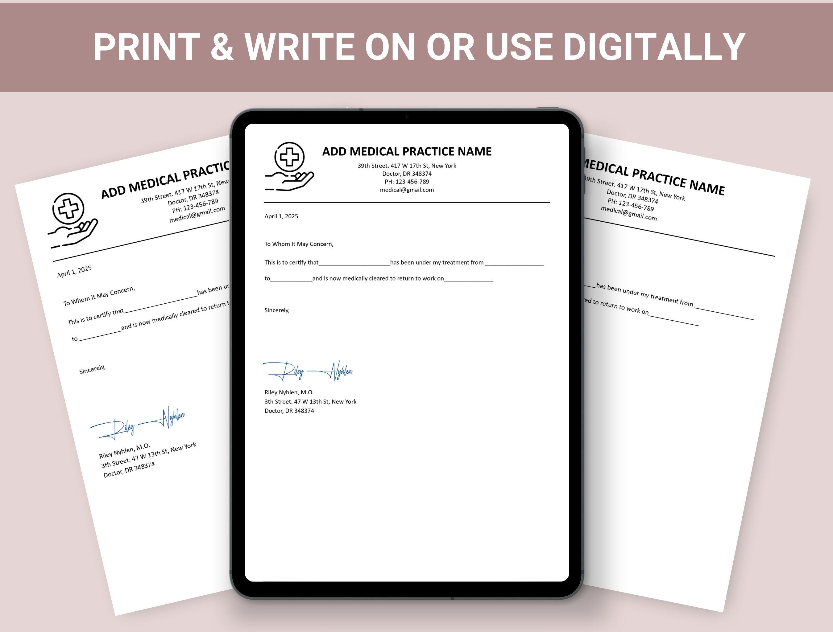 Doctors Return to Work Note, Dr Excuse Note, Editable Dr Note Template ...