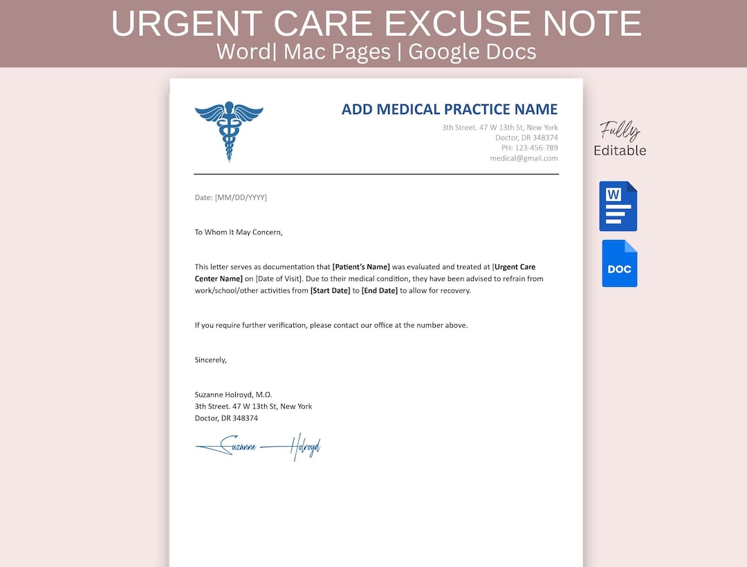 Doctor Note for Sick Leave, Medical Excuse Note Template for Work or ...