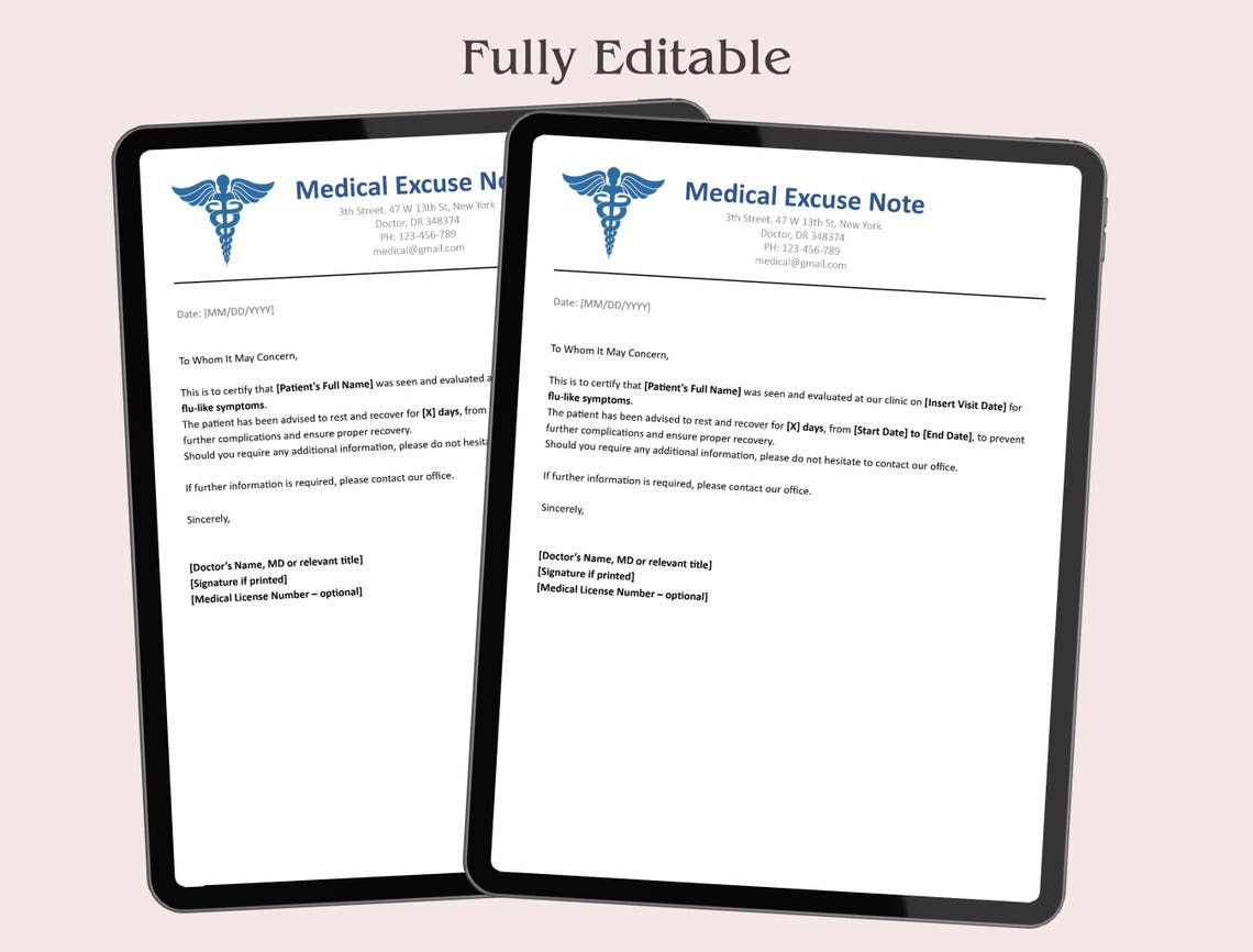 Medical Excuse Note Template for Work or School | Doctor Note for Sick ...