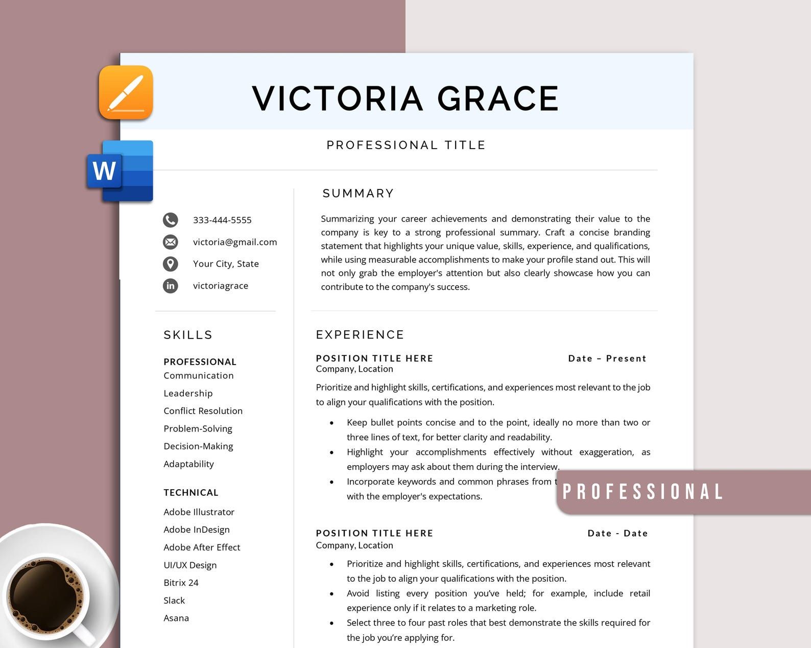 Professional and Modern Resume Template Word, Mac Pages, 1-3 Page ...
