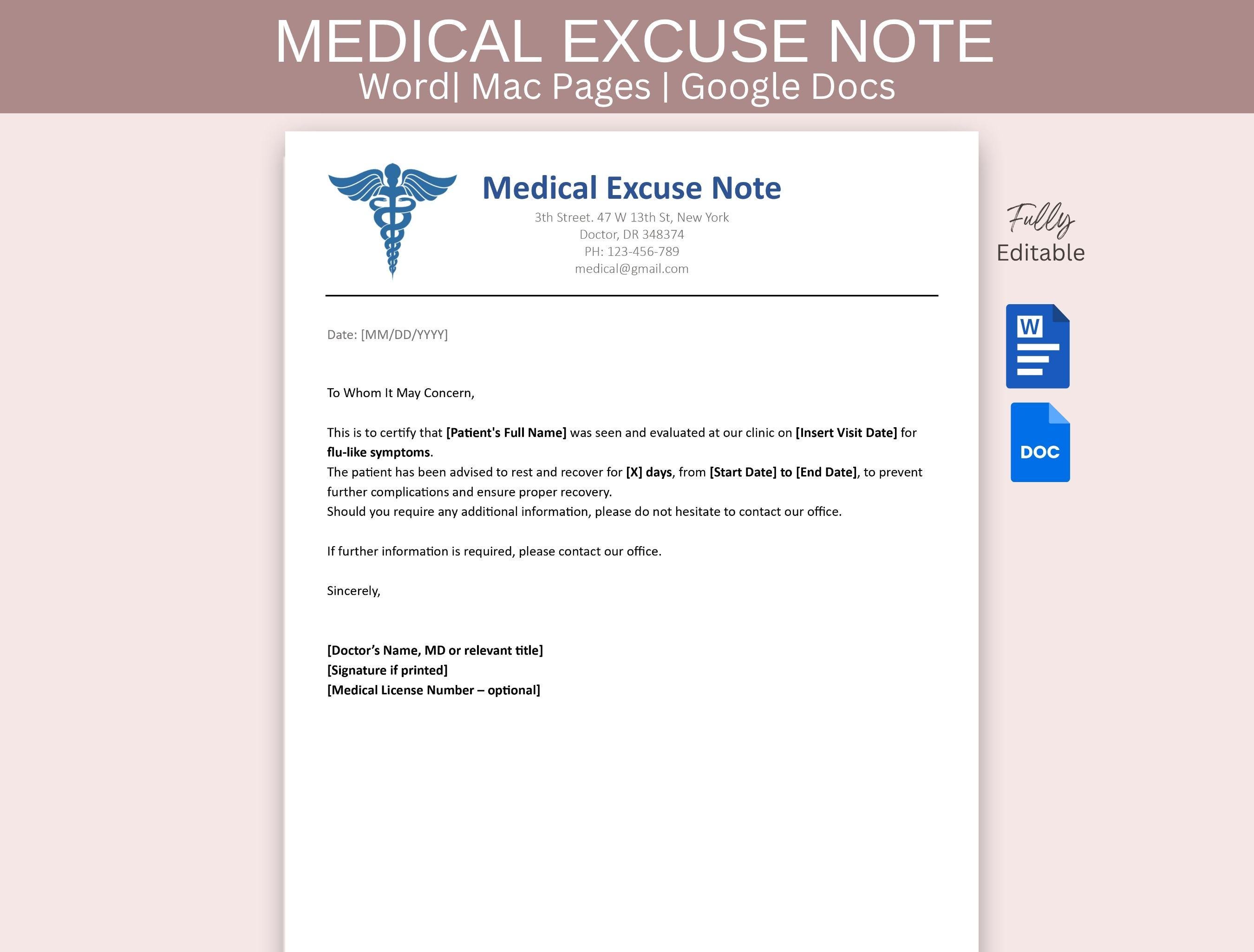 Medical Excuse Note Template for Work or School | Doctor Note for Sick ...