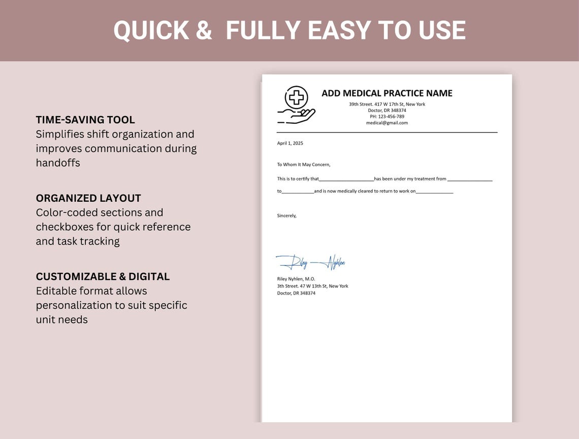 Doctors Return to Work Note, Dr Excuse Note, Editable Dr Note Template ...