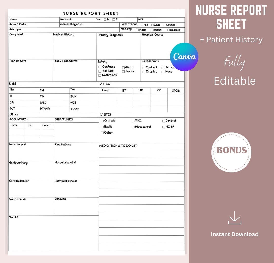 Nurse Report Sheet, Editable Nursing Report Sheet, Multi Patient ICU ...