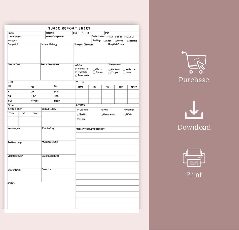 Nurse Report Sheet, Editable Nursing Report Sheet, Multi Patient ICU ...