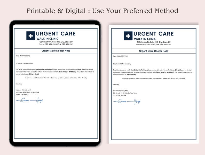 Urgent Care Excuse Note Template for Work or School | Doctor Note for ...