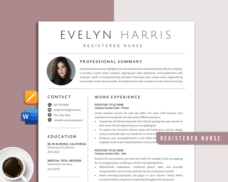 Nursing Resume Template, Registered Nurse Resume Template RN, CNA, Word ...