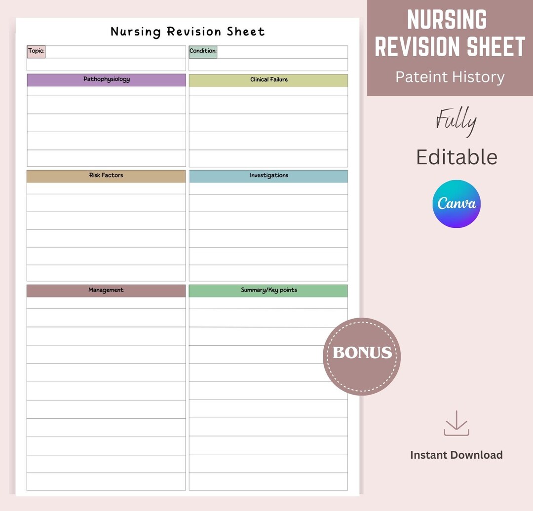 Nursing Revision Sheet, Editable Nursing Study Sheet, Study Revision ...