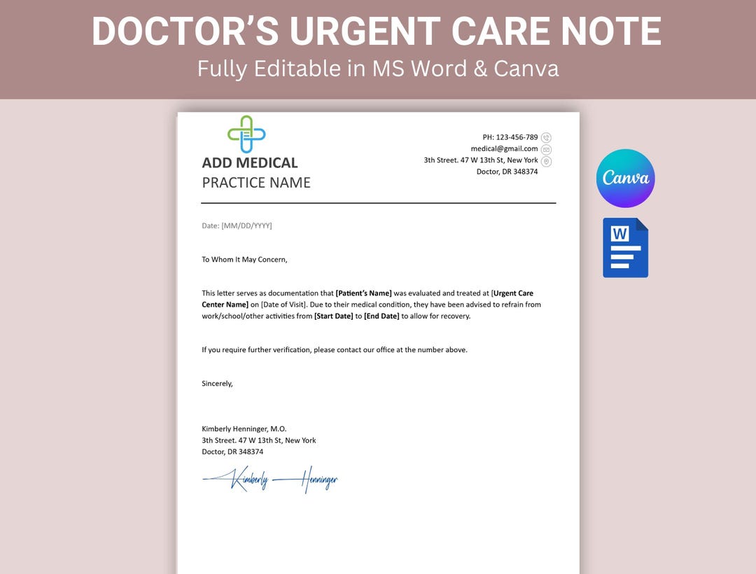 Doctors Urgent Care Note, Editable Return to Work Note, Dr Excuse Note ...