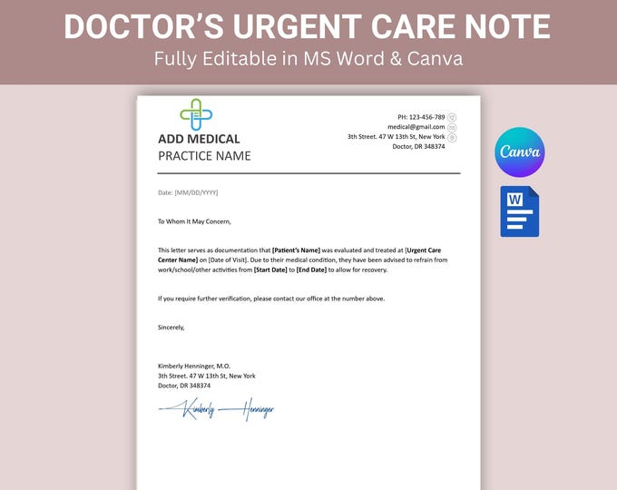 Editable Doctor's Note Template: Urgent Care Excuse Letter (MS Word ...