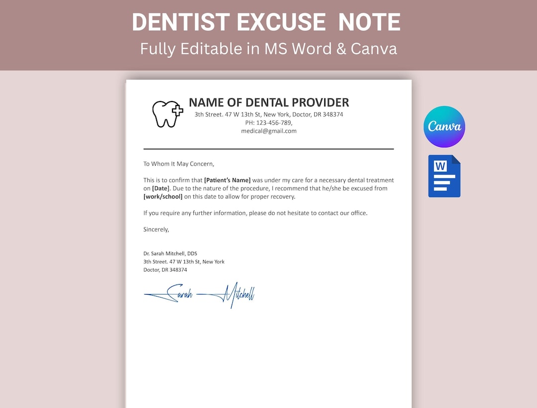 Editable Dentist Excuse Note, Medical Excuse Note, Editable Dental Note ...
