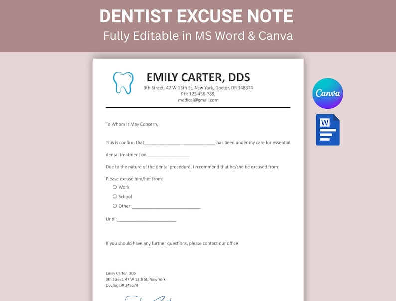 Dentist Excuse Note, Editable Dental Note, Doctor Excuse Note, Dr Note ...
