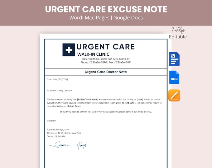 Urgent Care Excuse Note Template for Work or School | Doctor Note for ...
