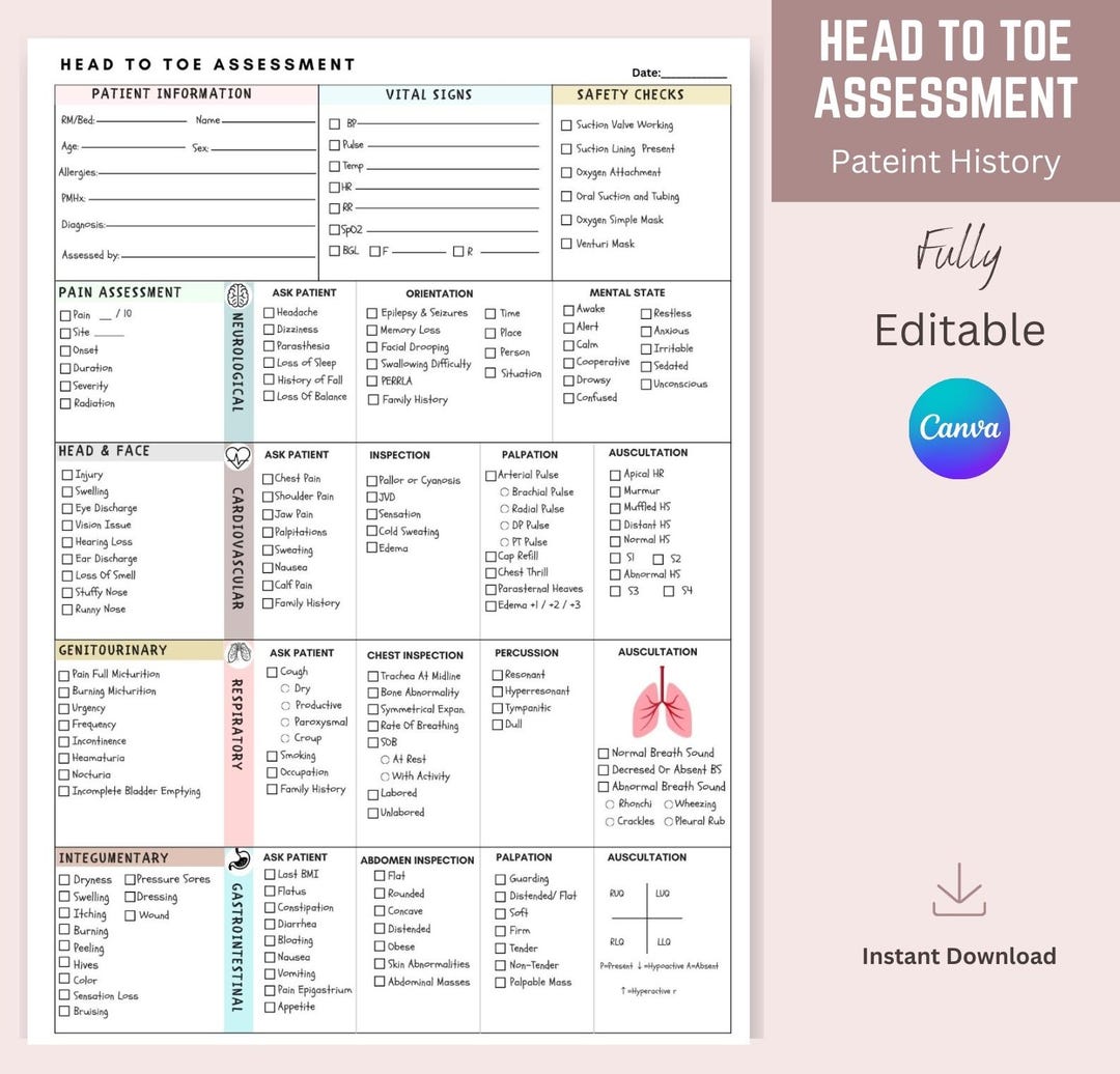 Head to Toe Assessment, Editable Nursing Notes, Nursing Student Study ...
