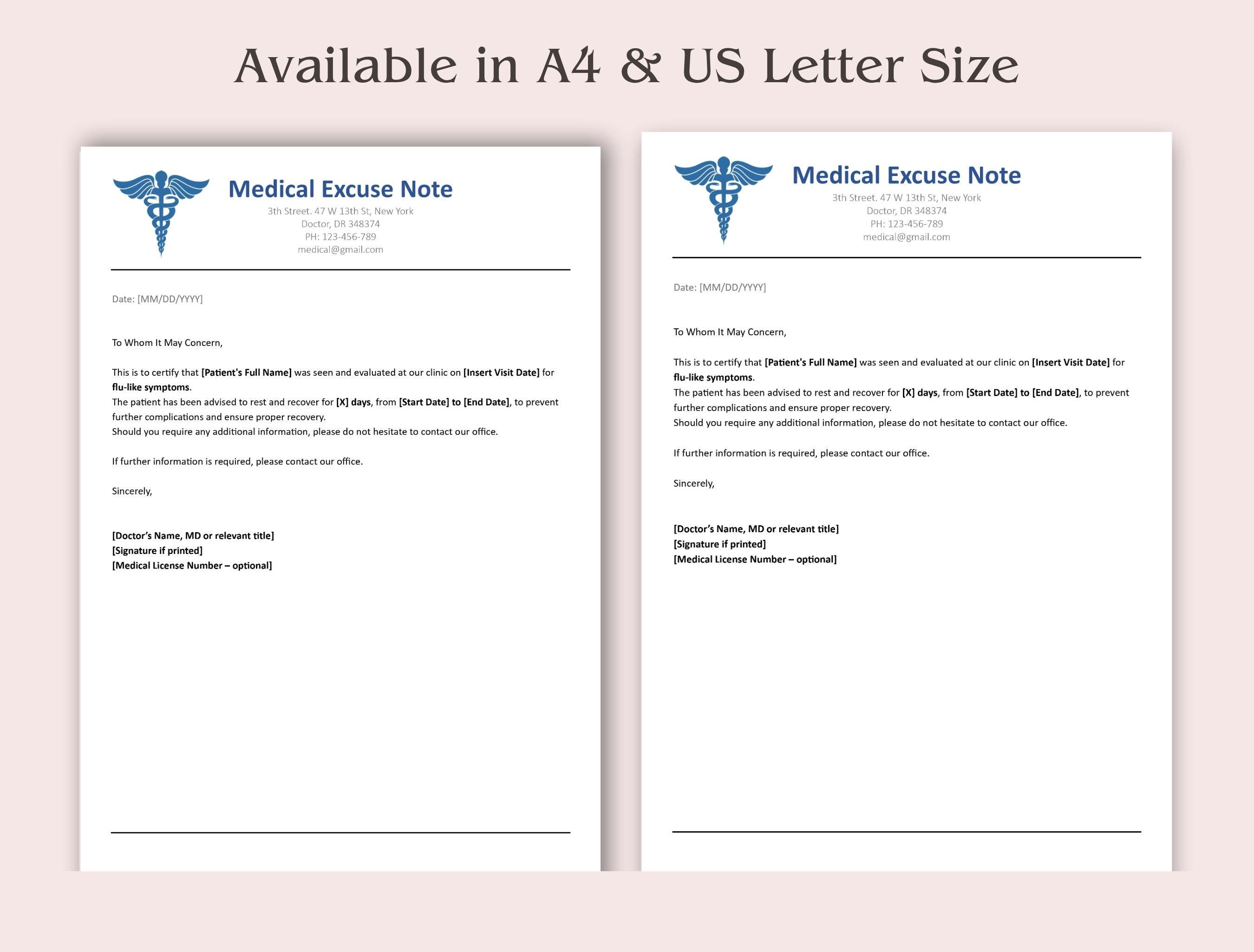 Medical Excuse Note Template for Work or School | Doctor Note for Sick ...