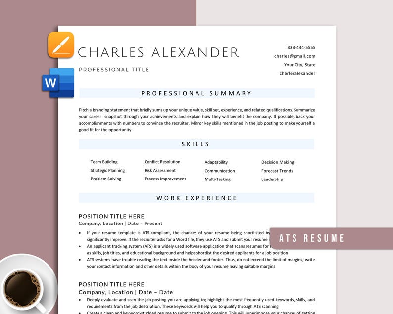 ATS Friendly Resume Template Word, Pages, Executive Resume, ATS Cv ...