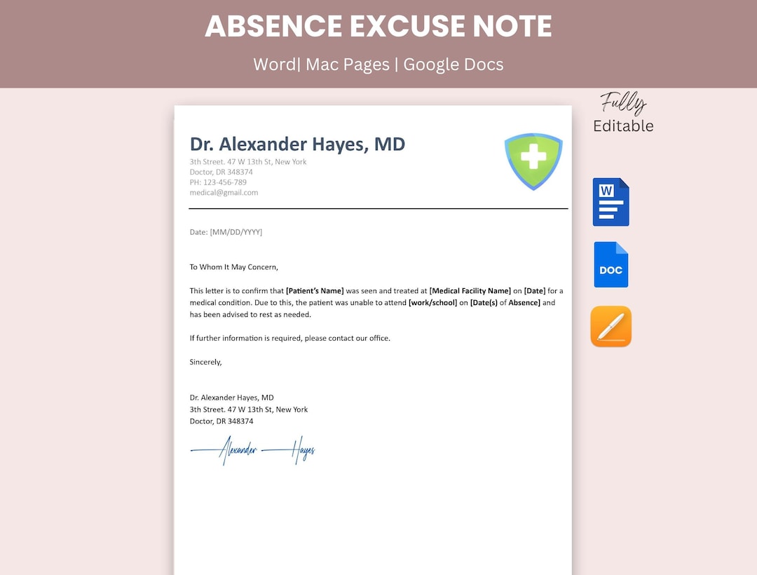 Absence Note, Editable Return to Work Note, Dr Excuse Note, Dr Note ...