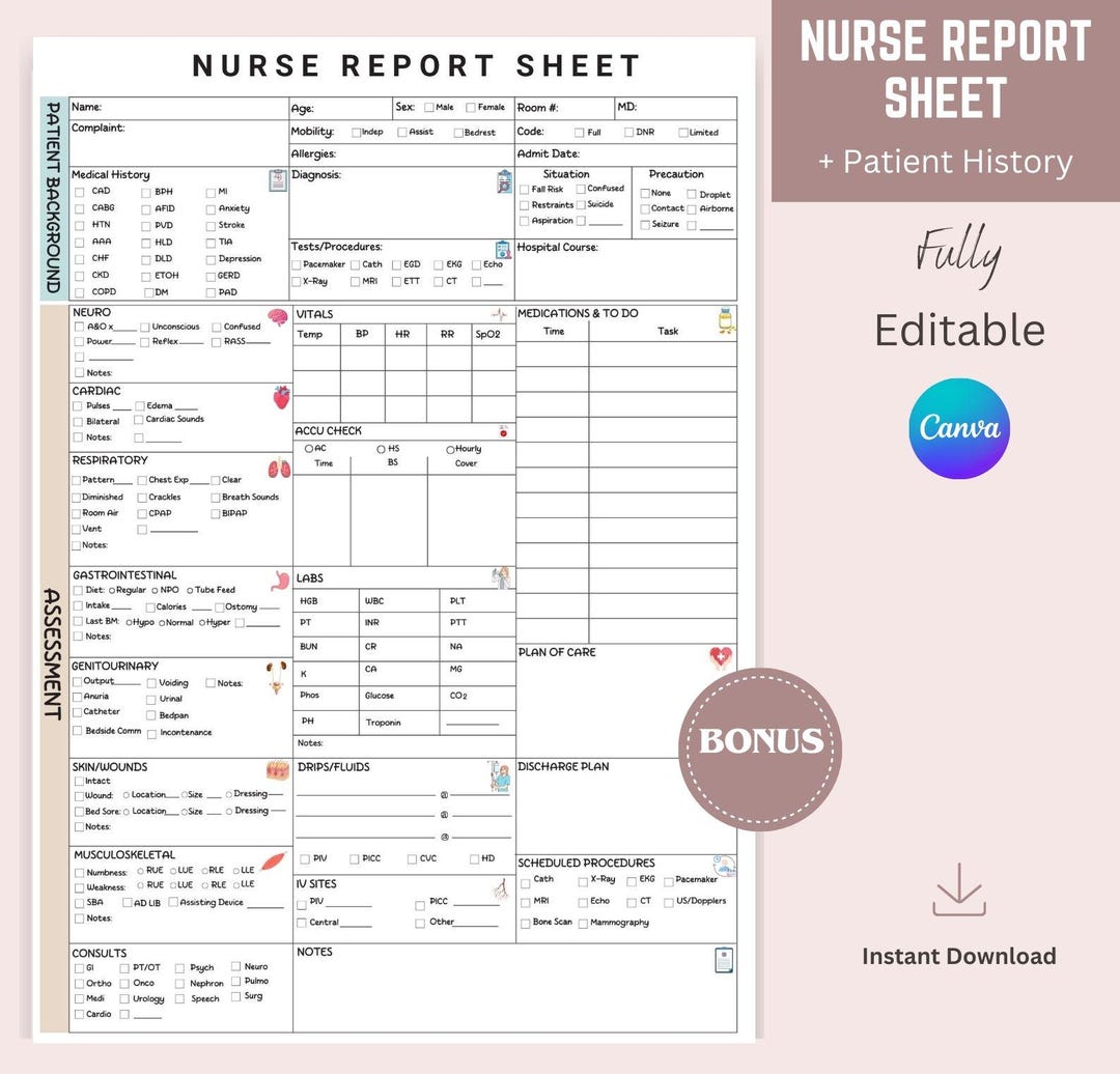 Nurse Report Sheet, Editable Nurse Sheets, ICU Nurse Report Sheet ...