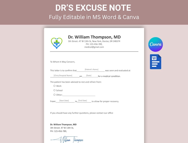 Drs Excuse Note, Editable Dr Note, Doctor Excuse Note, Dr Note Template ...