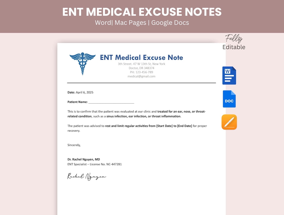 ENT Doctor Excuse Note Template, Doctor Note for Sick Leave Form ...