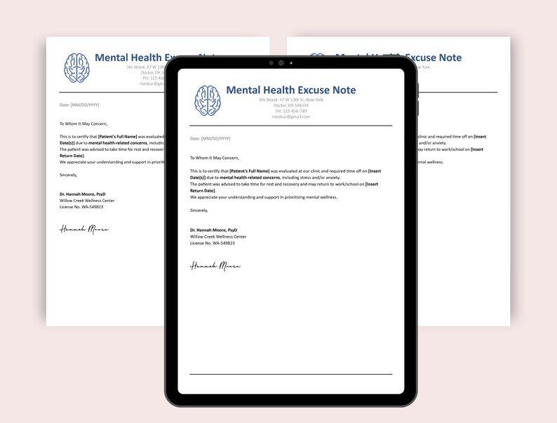Mental Health Excuse Note Template for Work or School, Doctor Note for ...