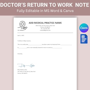 Doctors Return to Work Note, Dr Excuse Note, Editable Dr Note Template ...