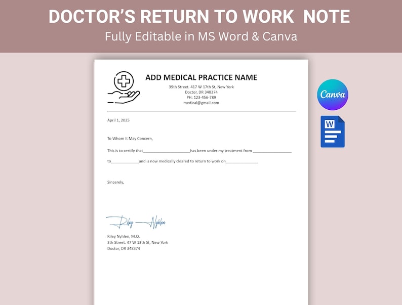 Doctors Return to Work Note, Dr Excuse Note, Editable Dr Note Template ...