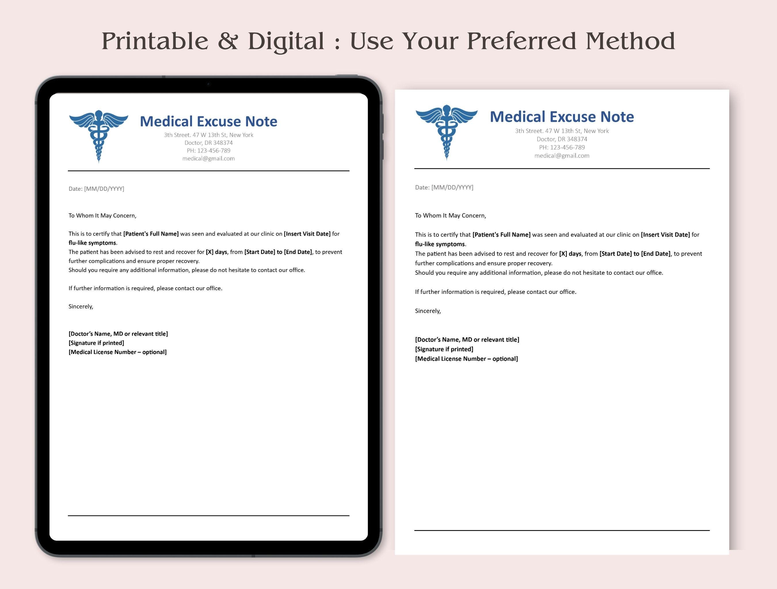 Medical Excuse Note Template for Work or School | Doctor Note for Sick ...