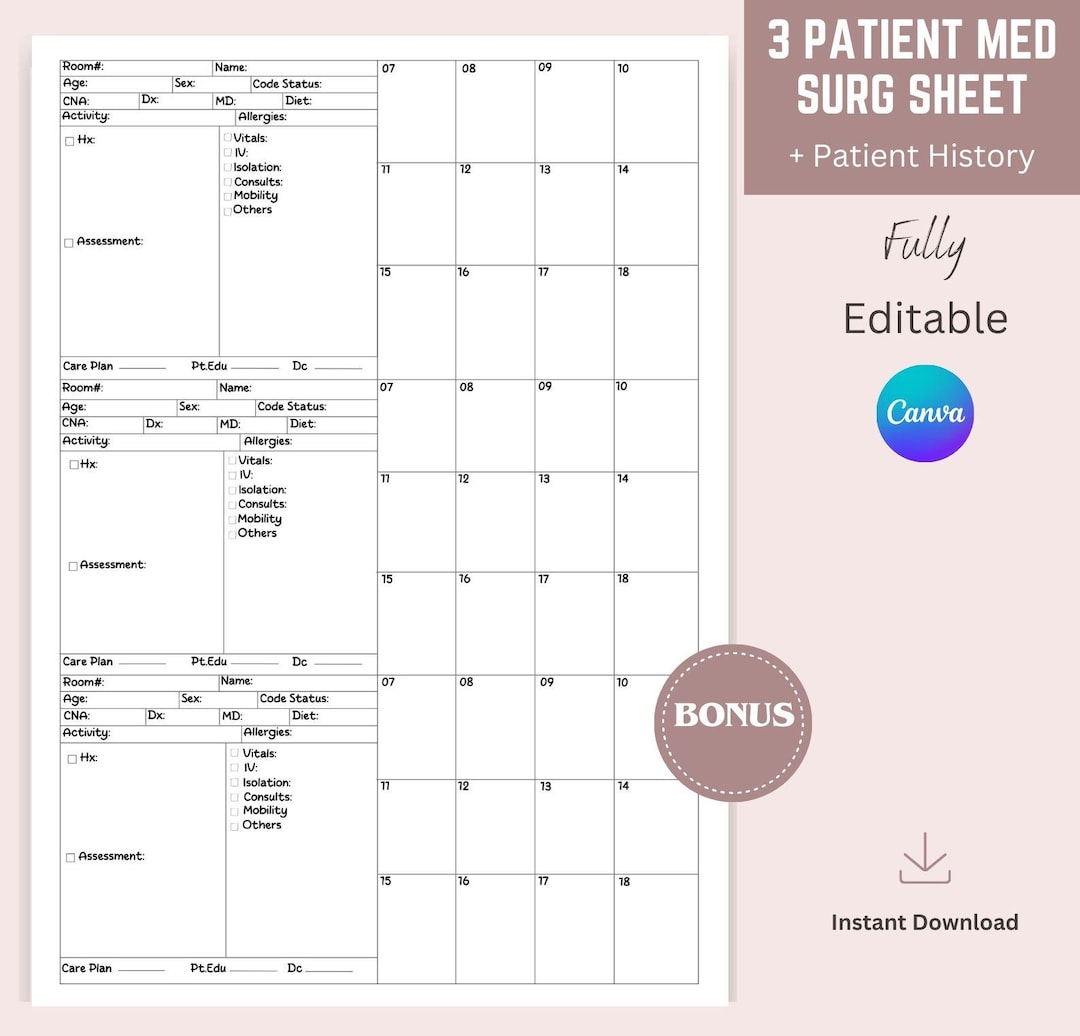 3 Patient Nurse Report Sheet, Nurse Brain Sheet, Med Surg Report Sheet ...