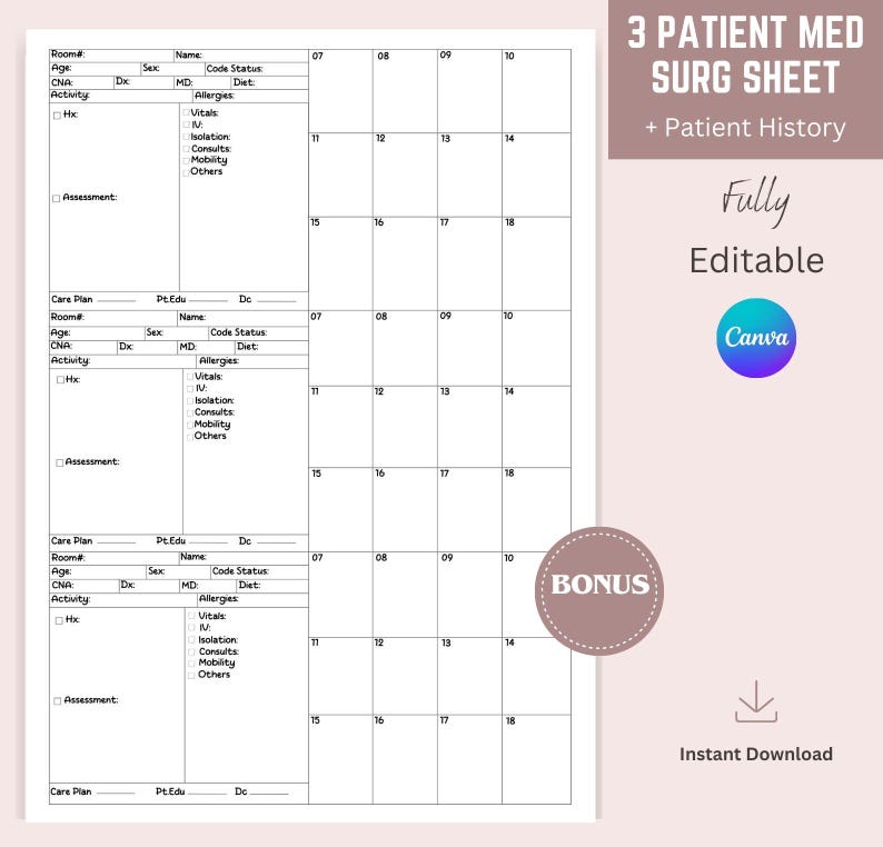 3 Patient Nurse Report Sheet, Nurse Brain Sheet, Med Surg Report Sheet ...