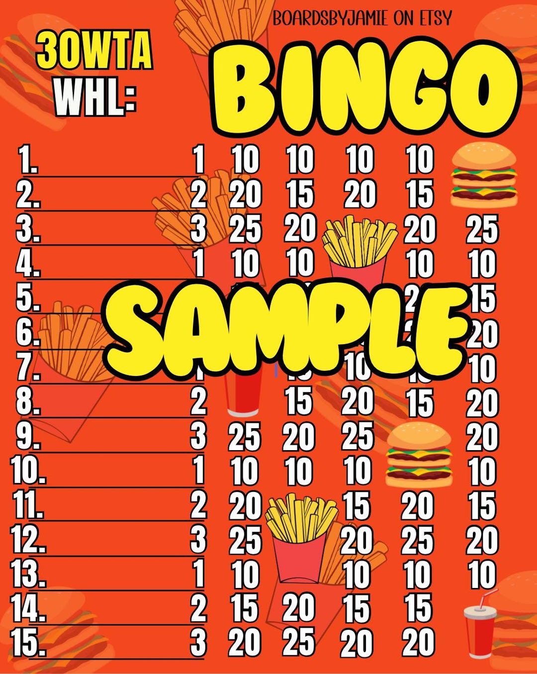 30 WTA Fast Food Bingo - Etsy