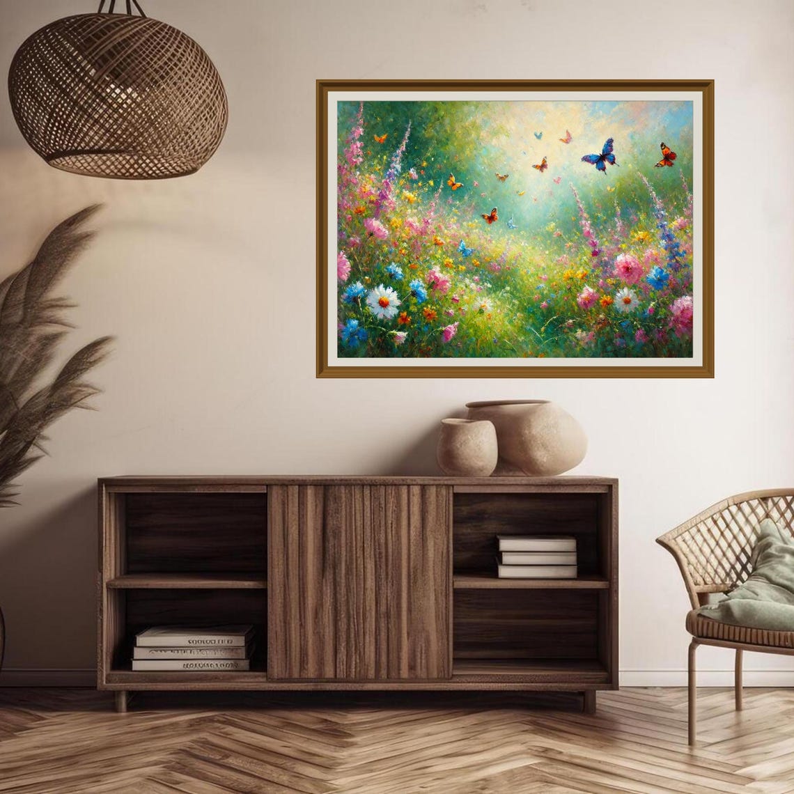 Printable Impressionist Meadow With Butterflies Art Floral Nature Scene ...