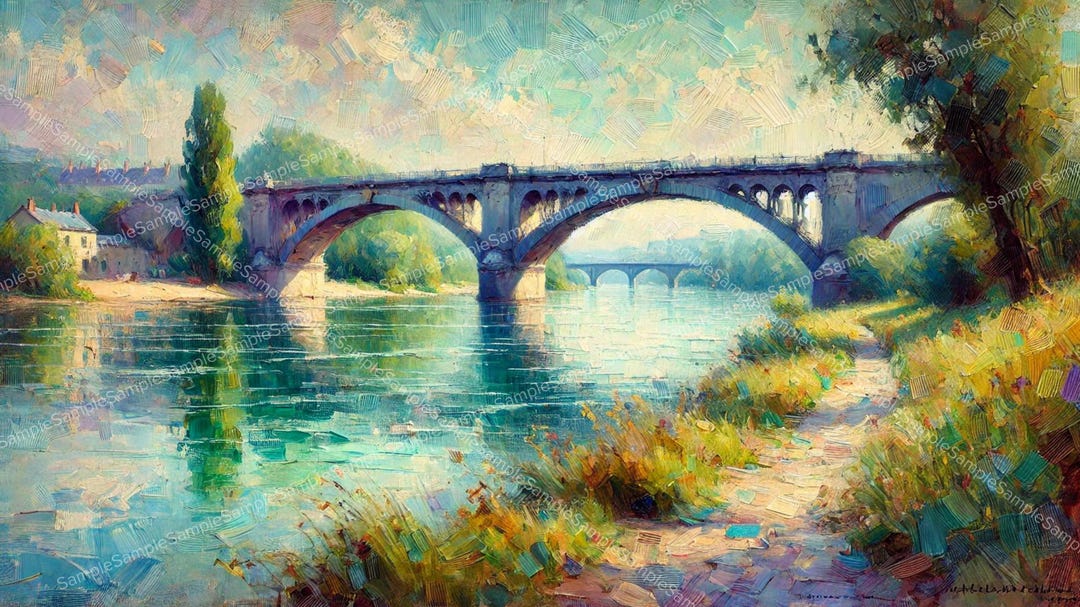 Printable Impressionist Bridge Over River Art Impressionist Landscape ...