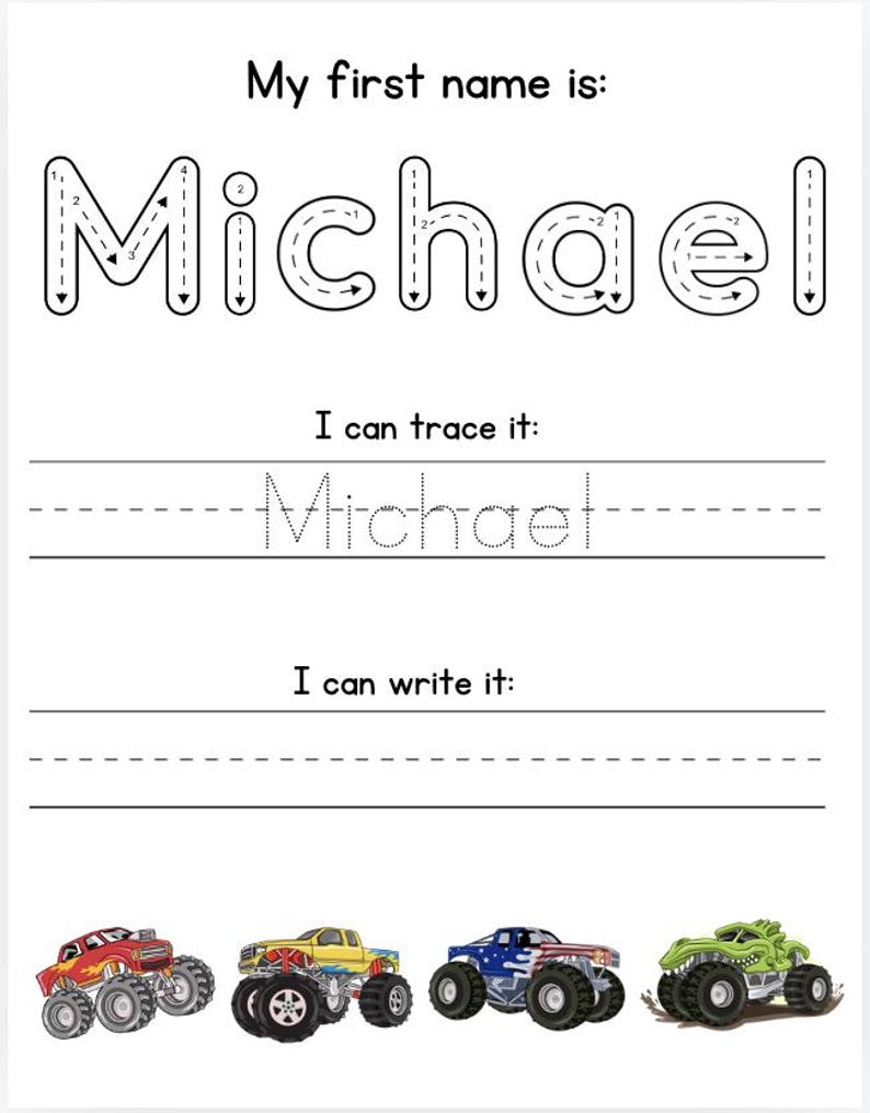 Custom Name Activity Sheets (monster Trucks Theme) - Etsy