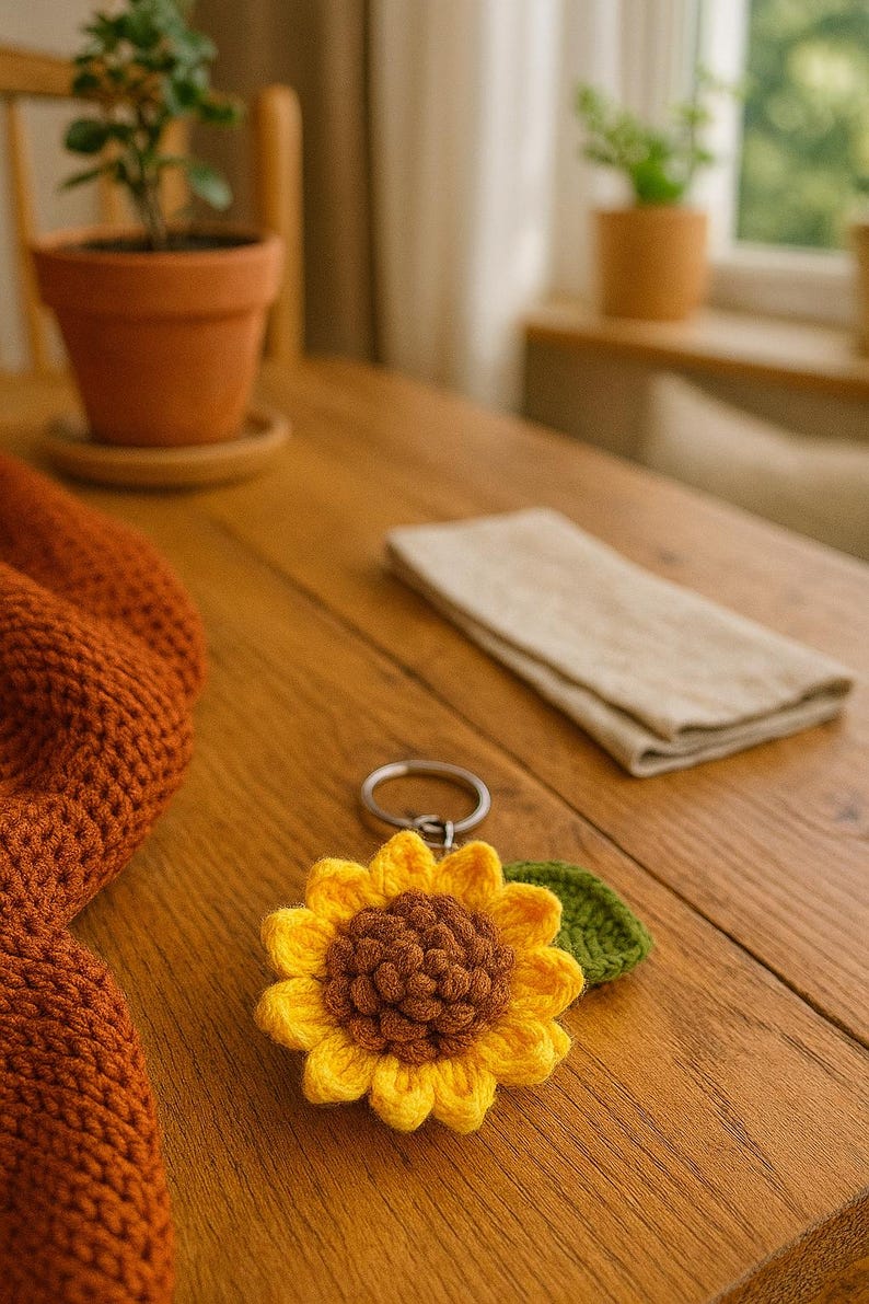 Handmade Crochet Sunflower Keychain – Amigurumi Sunflower Flower Key ...
