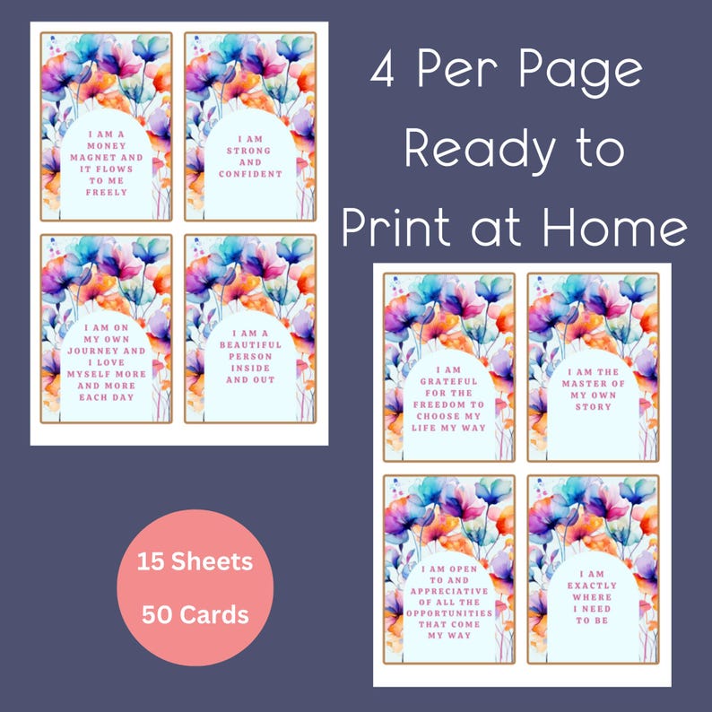 Floral Affirmation Cards PRINTABLE, 50 Positive I AM Mindset Cards ...