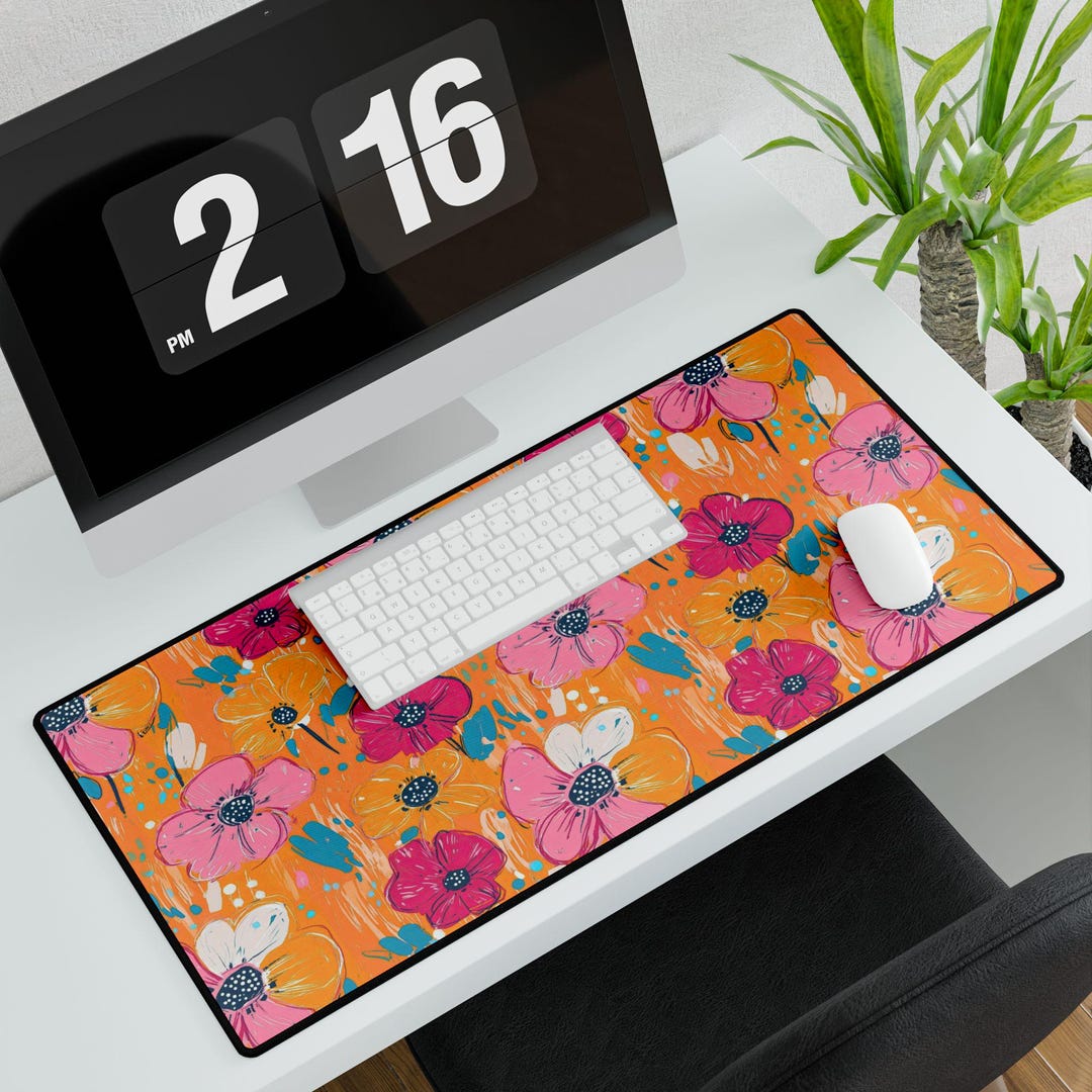 Orange Pink Desk Mat, Pink Flowers, Workspace Decor, Office Accessory ...