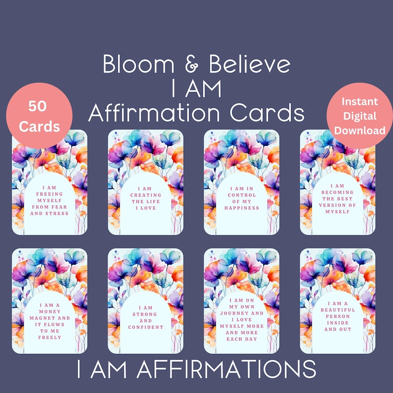 Floral Affirmation Cards PRINTABLE, 50 Positive I AM Mindset Cards ...