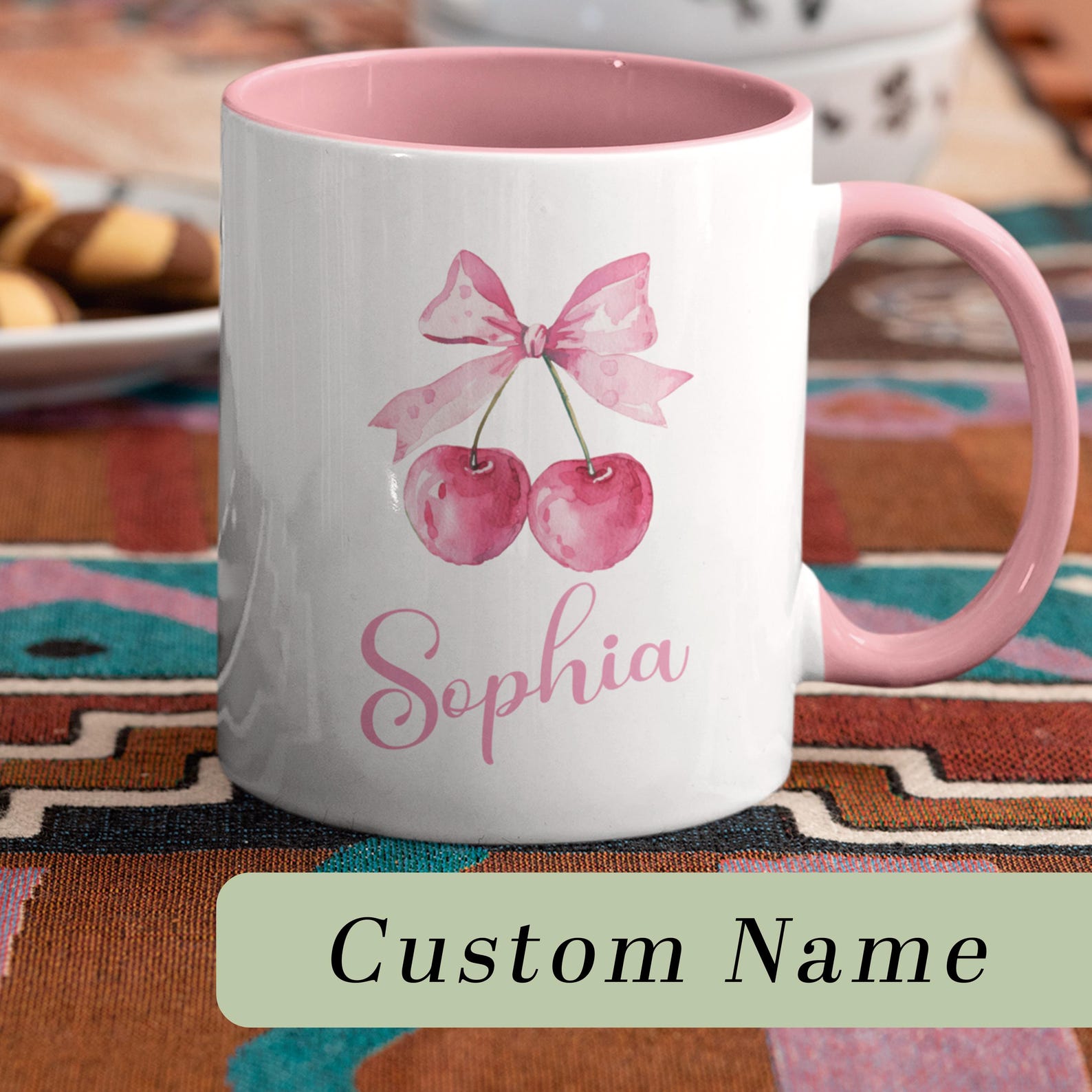 Personalized Pink Bow Cherry Mug, Coquette Cherry Mug, Coquette Pink ...