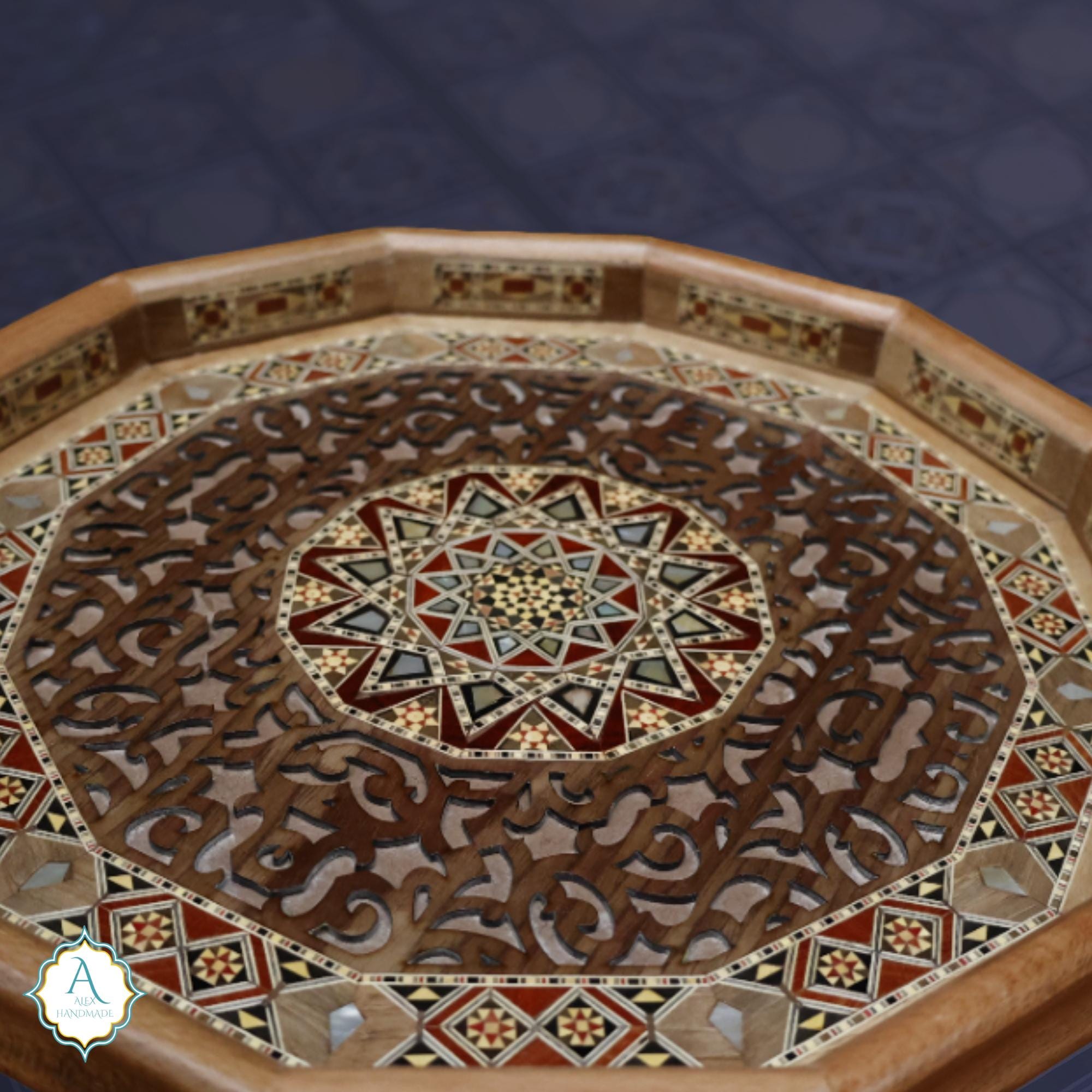 17 Vintage Syrian Mosaic Wooden Tray, Handmade Round Coffee and Tea ...