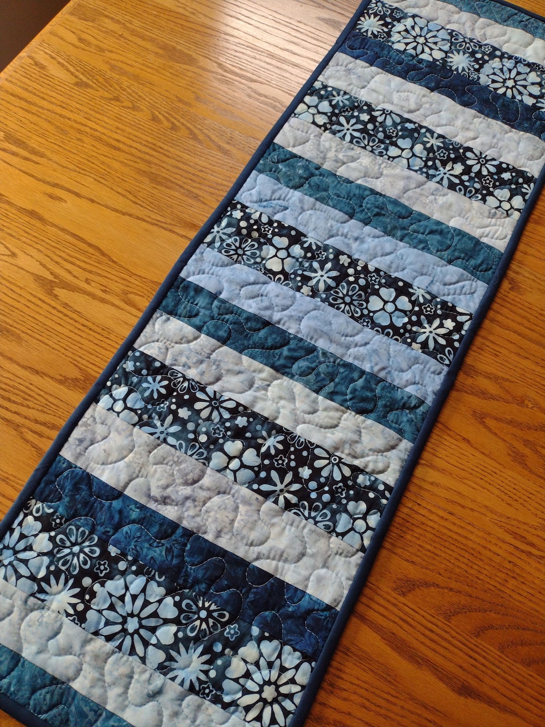 Quilted Table Runner, Blue Batik Runner, Stripy Blue Batik Runner ...