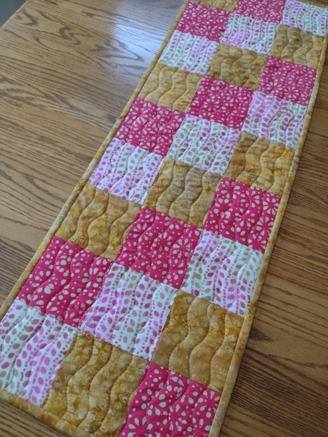 Quilted Table Runner, Pink and Gold Batik Runner, Batik Table Runner ...