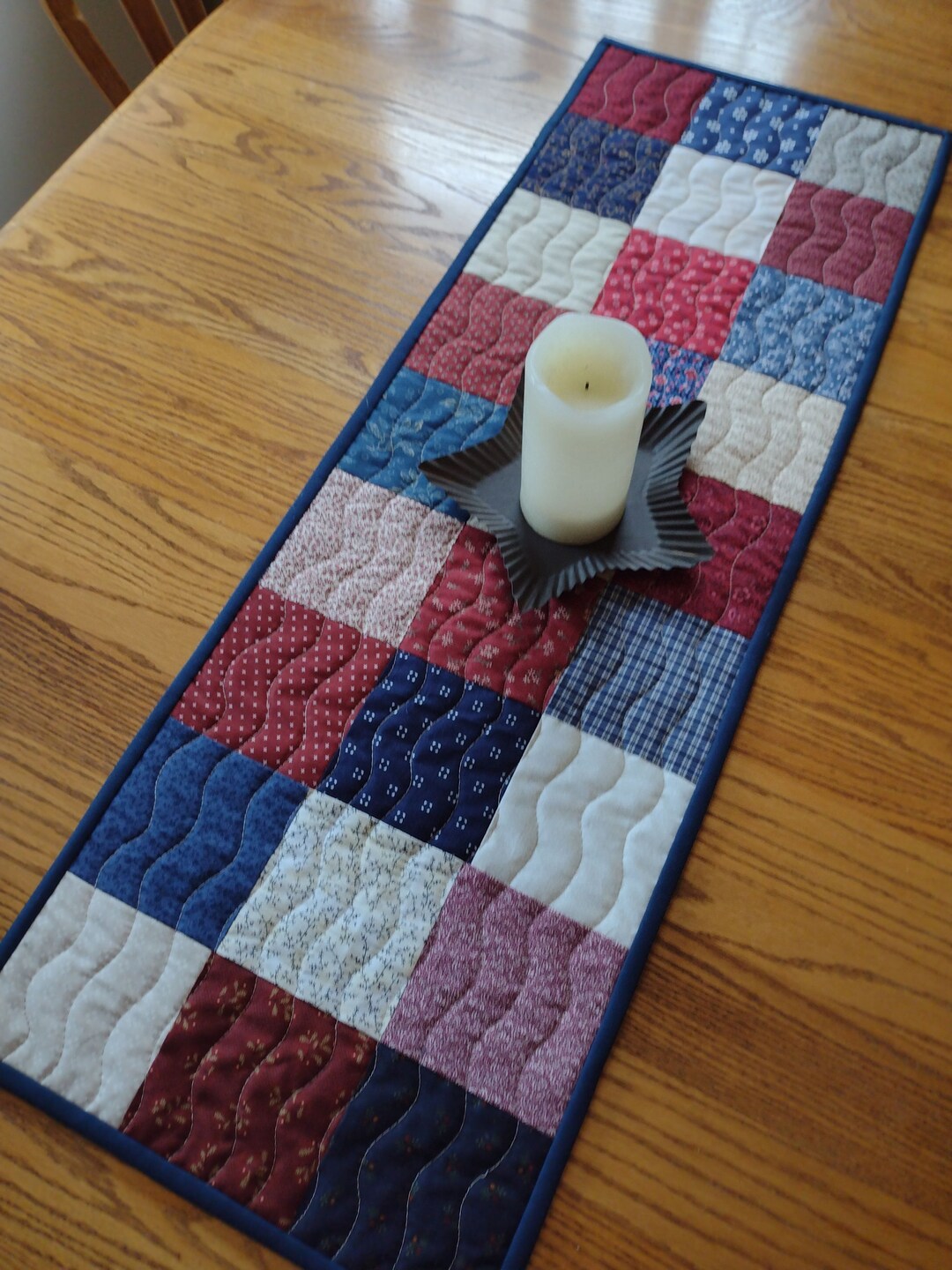 Quilted Table Runner, Navy and Dark Red Runner, Quilted Farmhouse ...
