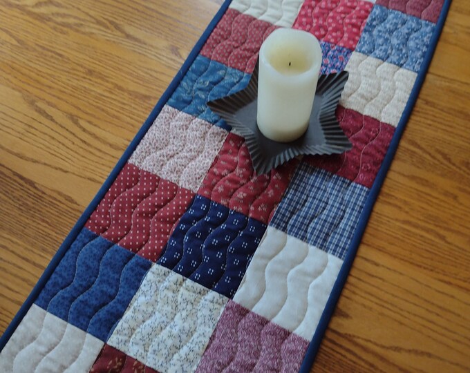 Quilted Table Runner, Navy and Dark Red Runner, Quilted Farmhouse ...