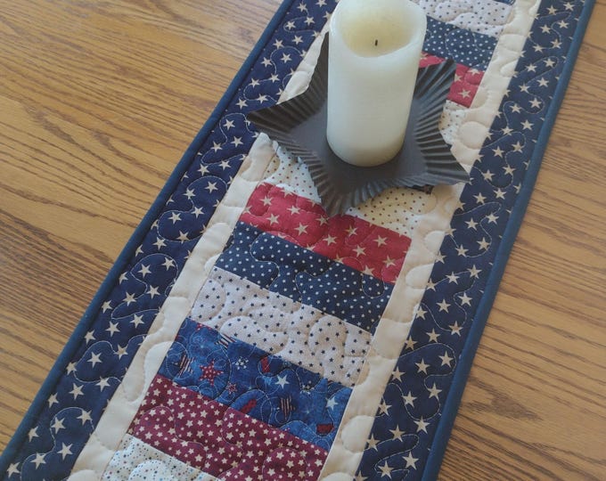 Quilted Table Runner, Quilted Patriotic Table Runner, Navy Blue and ...
