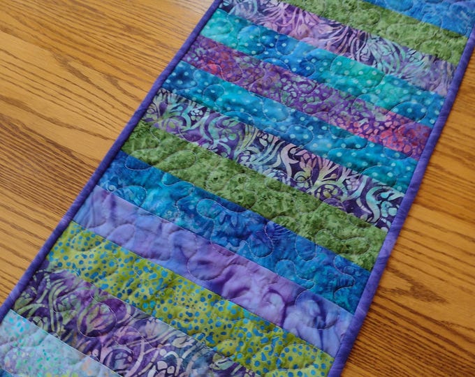 Quilted Table Runner, Batik Runner, Batik Quilted Runner, Purple and ...